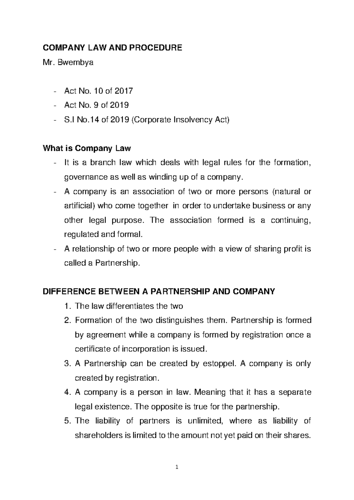 COMP 101: Comprehensive Company Law Notes and Key Concepts - Studocu