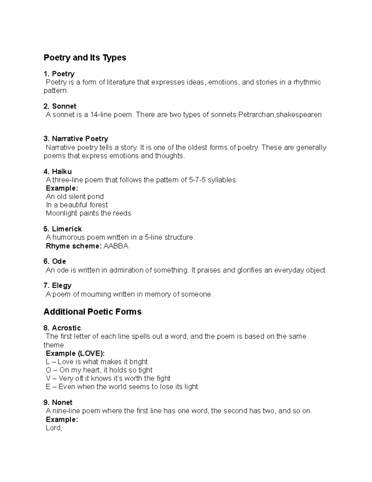 English LIT - Poetry Types and Literary Devices Overview - Studocu