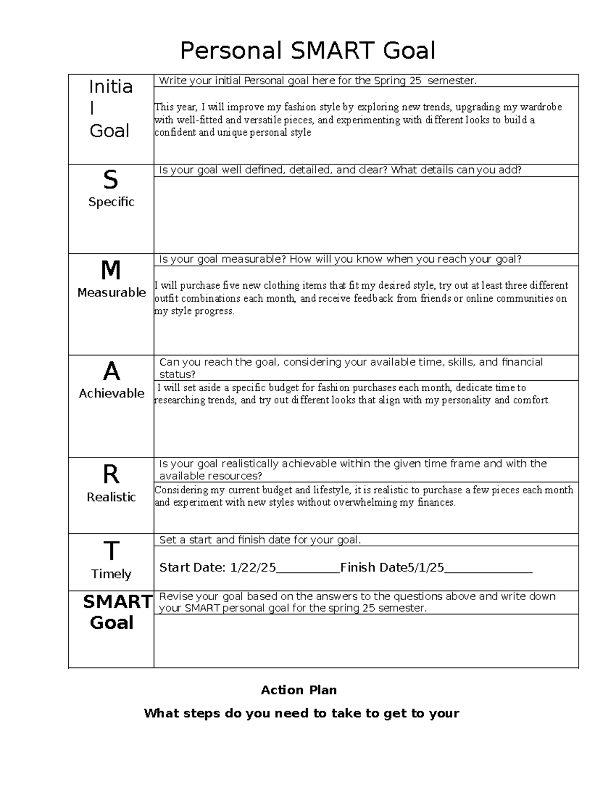 Smart Goal Personal Rias - Personal SMART Goal Initia l Goal Write your ...
