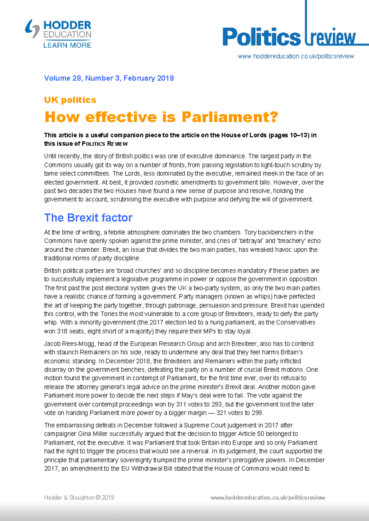 Politics Review 28 3 UK Parliament - hoddereducation.co/politicsreview ...