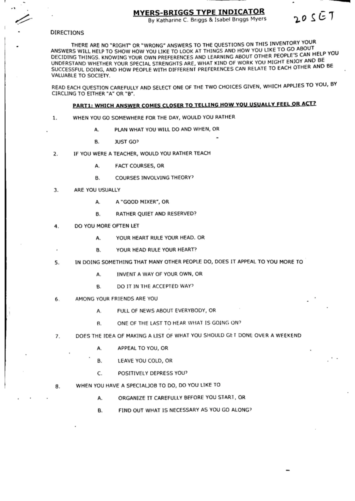 MBTI Questionnaire - TYPE INDICATOR Katharine C. Briggs Isabel Briggs ...