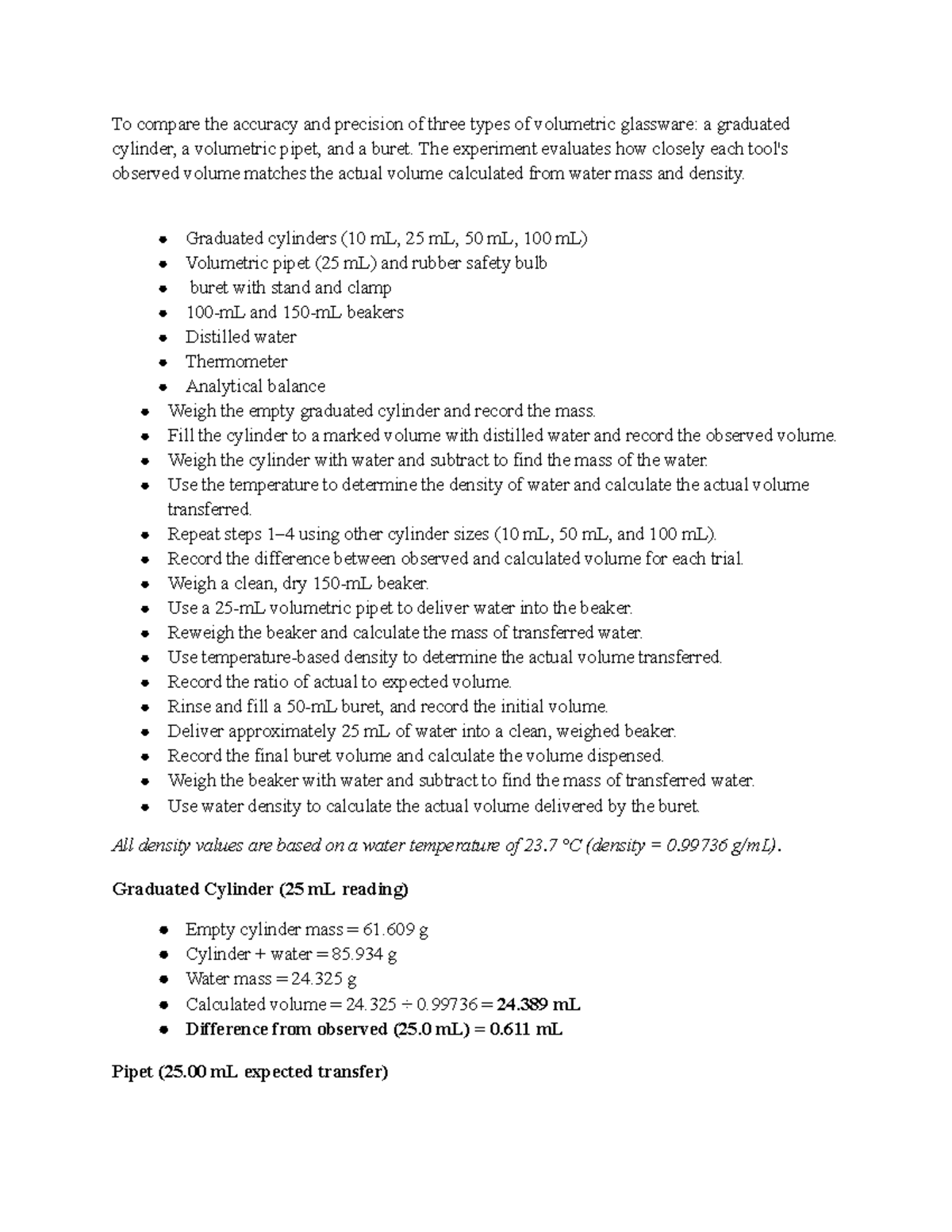 Comparative Study of Volumetric Glassware Accuracy: Lab Experiment ...
