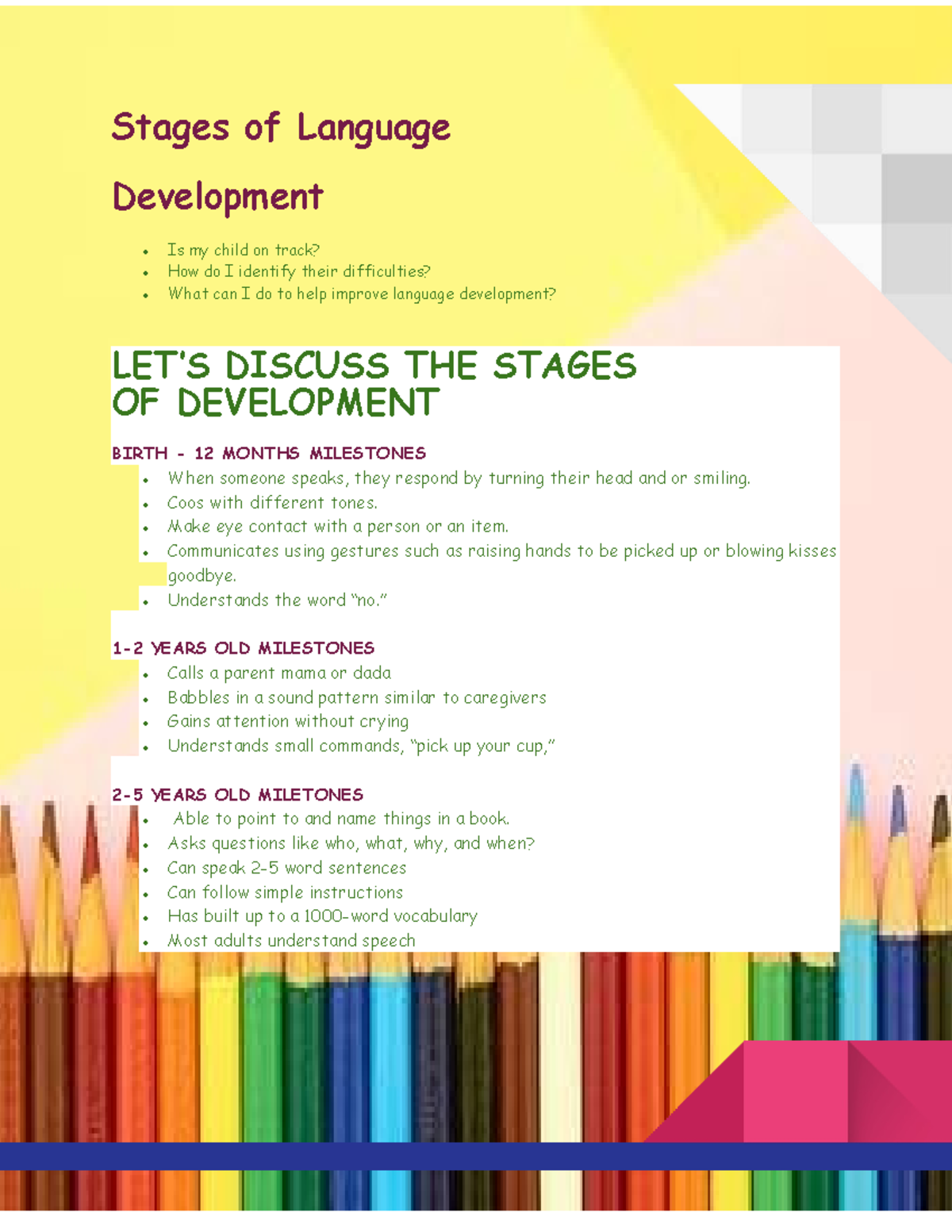Brochure: Stages of Language Development (Birth to 5 Years) - Studocu