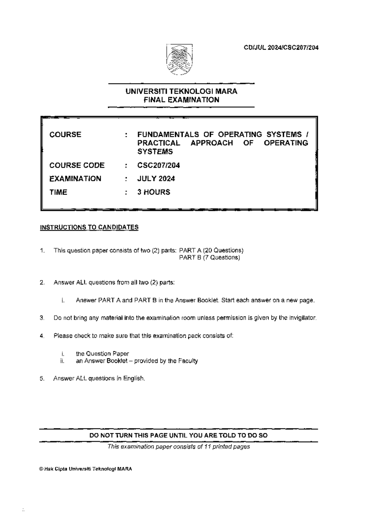 CSC207 JULY 2024 - FINAL EXAMINATION ON FUNDAMENTALS OF OPERATING ...