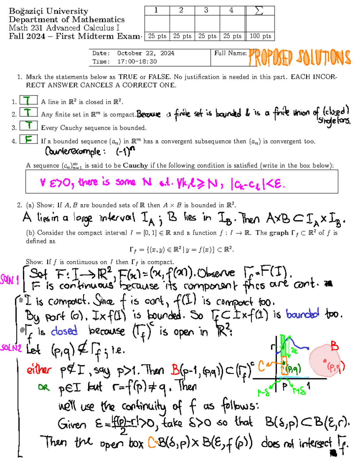 Math 231 Fall 2024 Advanced Calculus I First Midterm Solutions - Studocu