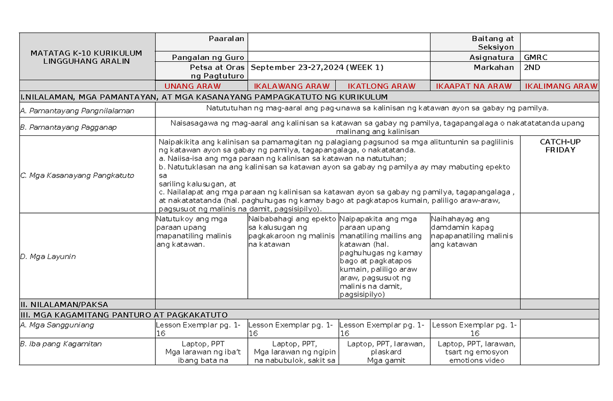 GMRC 2ND QTR WEEK 1 LESSON PLAN: KALINISAN AT KALUSUGAN - Studocu
