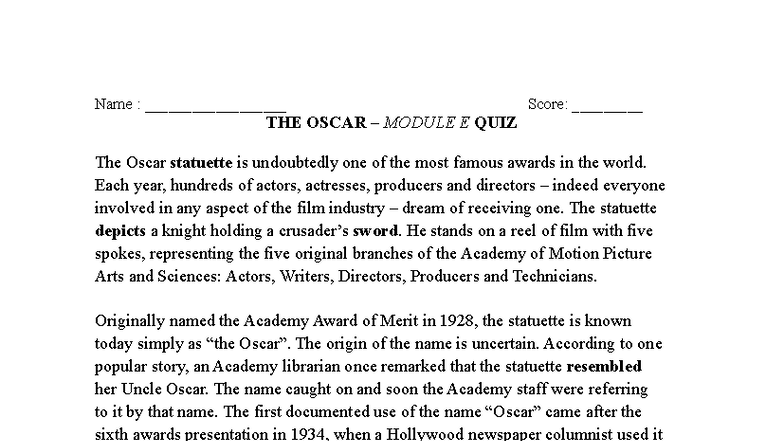 Module E: The Oscar Quiz Overview and History - Studocu