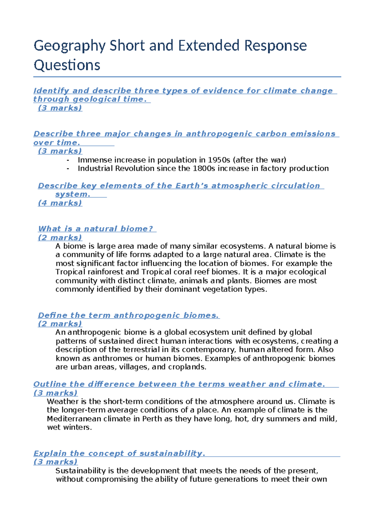 Geography GEOG101 Short & Extended Response Questions on Climate Change ...