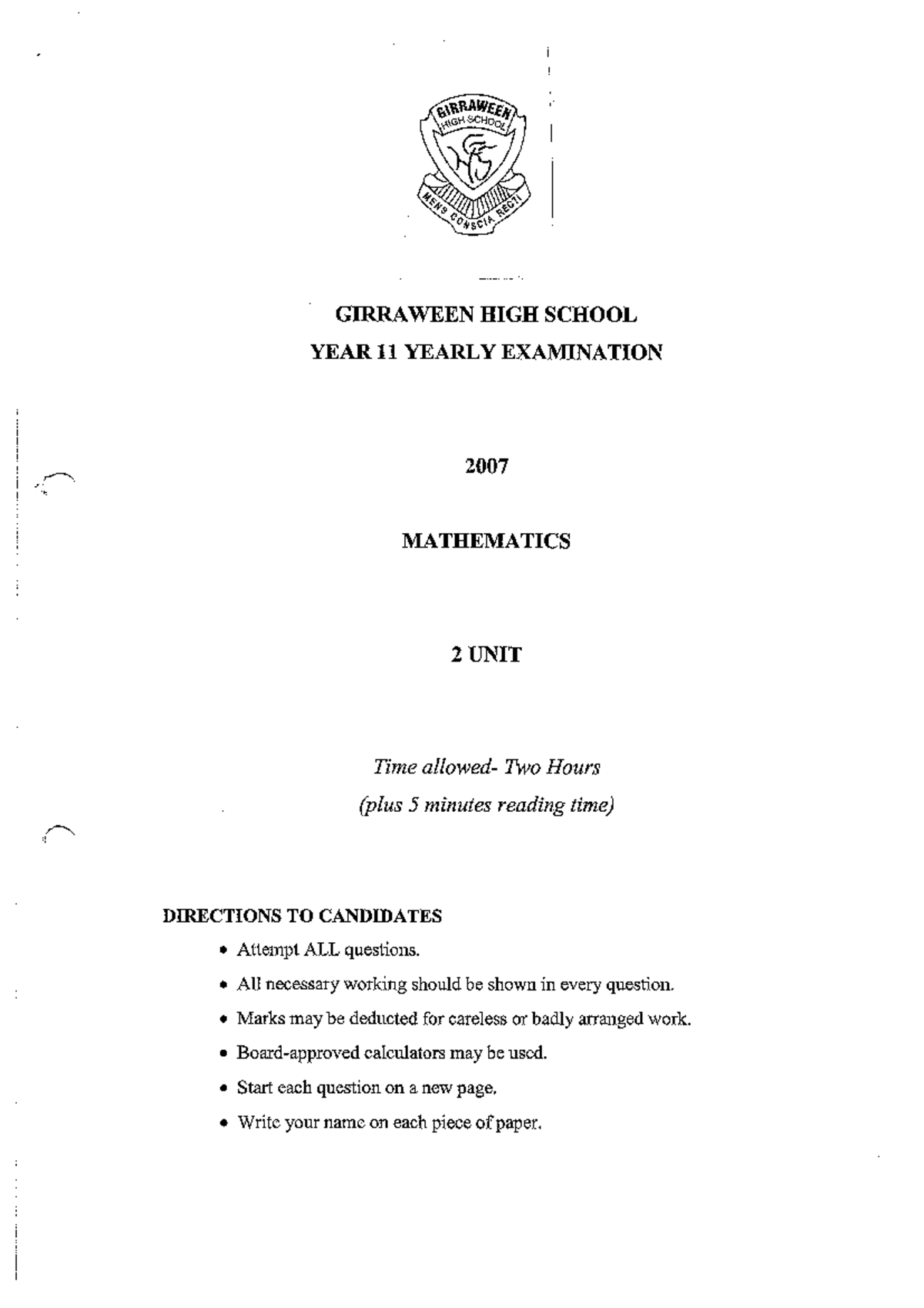 GIRRAWEEN HIGH SCHOOL YEAR 11 MATH 2 UNIT FINAL EXAM 2007 - Studocu
