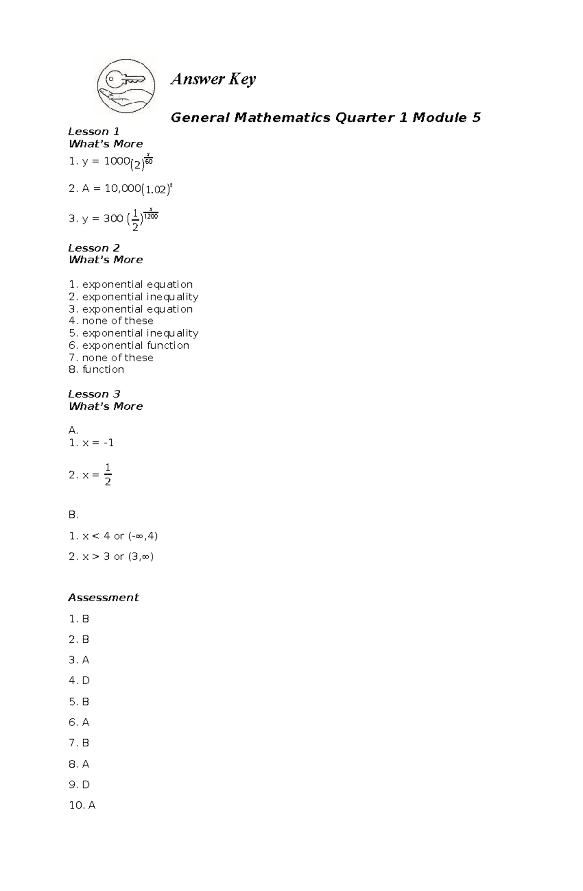 Gen Math 11- Q1-Answer Key Modules 5-8 - Answer Key General Mathematics ...