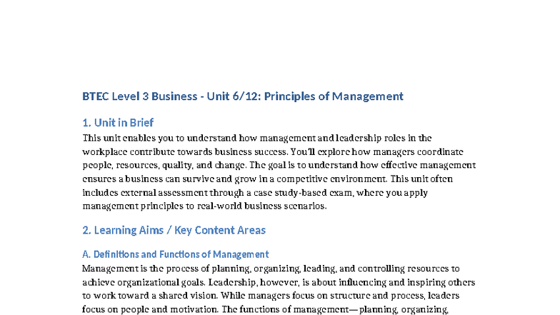 BTEC Level 3 Business Unit 6 Principles of Management Revision Guide ...
