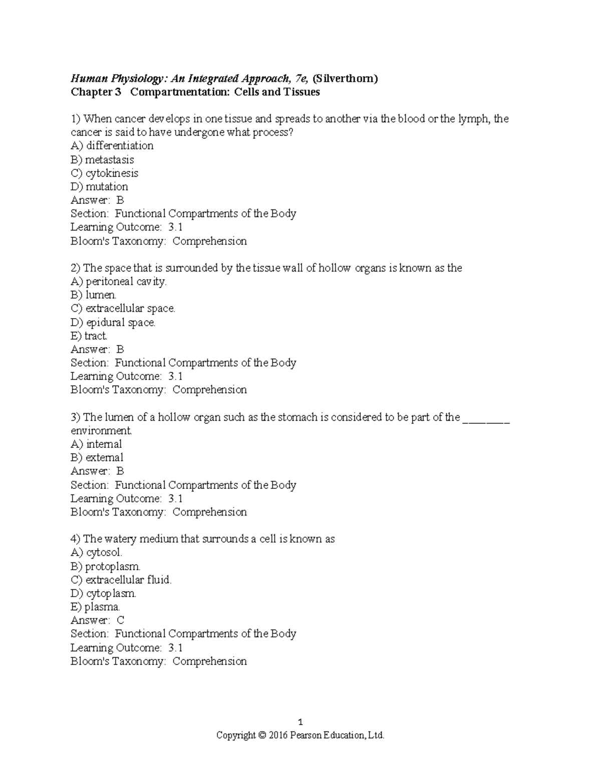 Human Physiology (BIO 101) Chapter 3 Test Bank: Cells & Tissues - Studocu