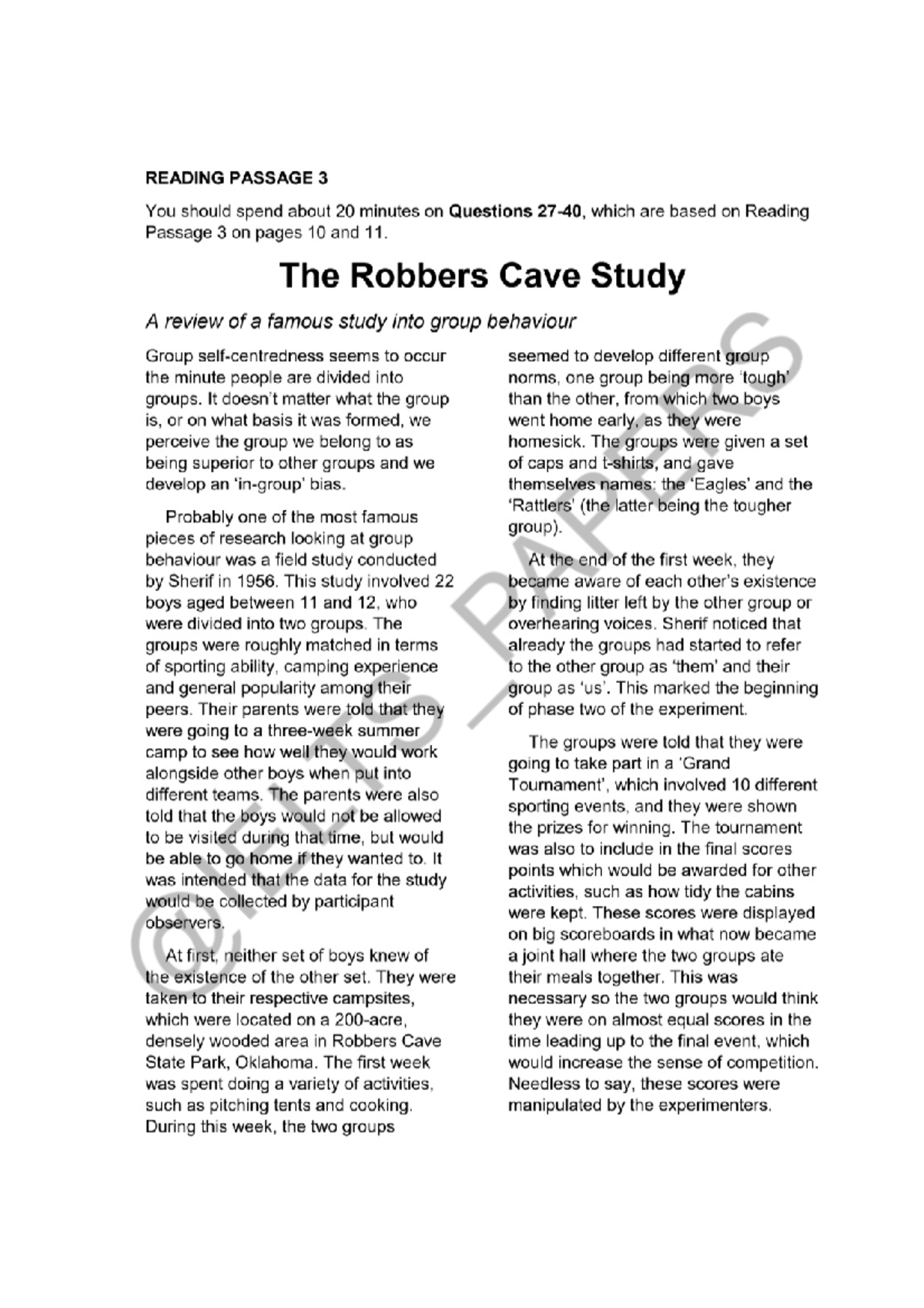 Robbers Cave Study: Group Behavior Analysis - Reading Passage 3 - Studocu