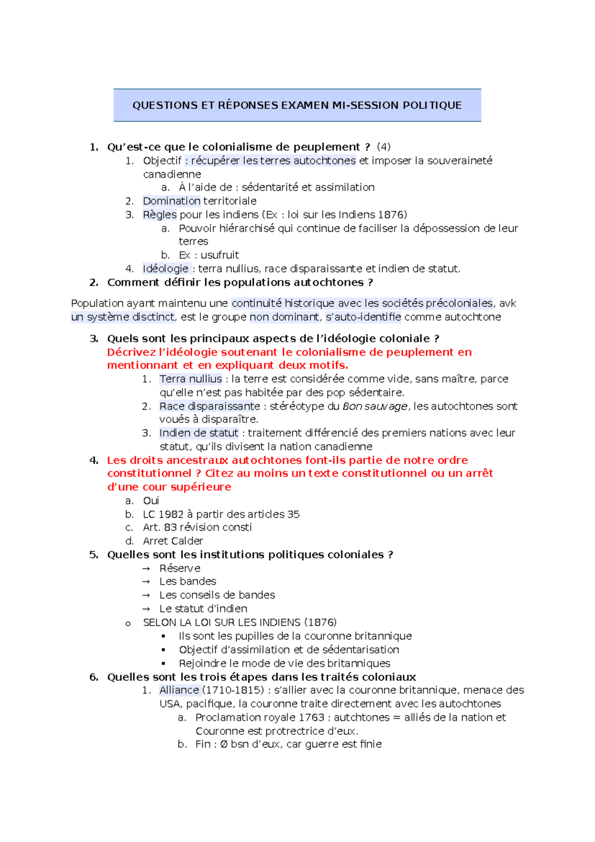 Questions et Réponses Examen Mi-Session POLITIQUE 1 - Studocu