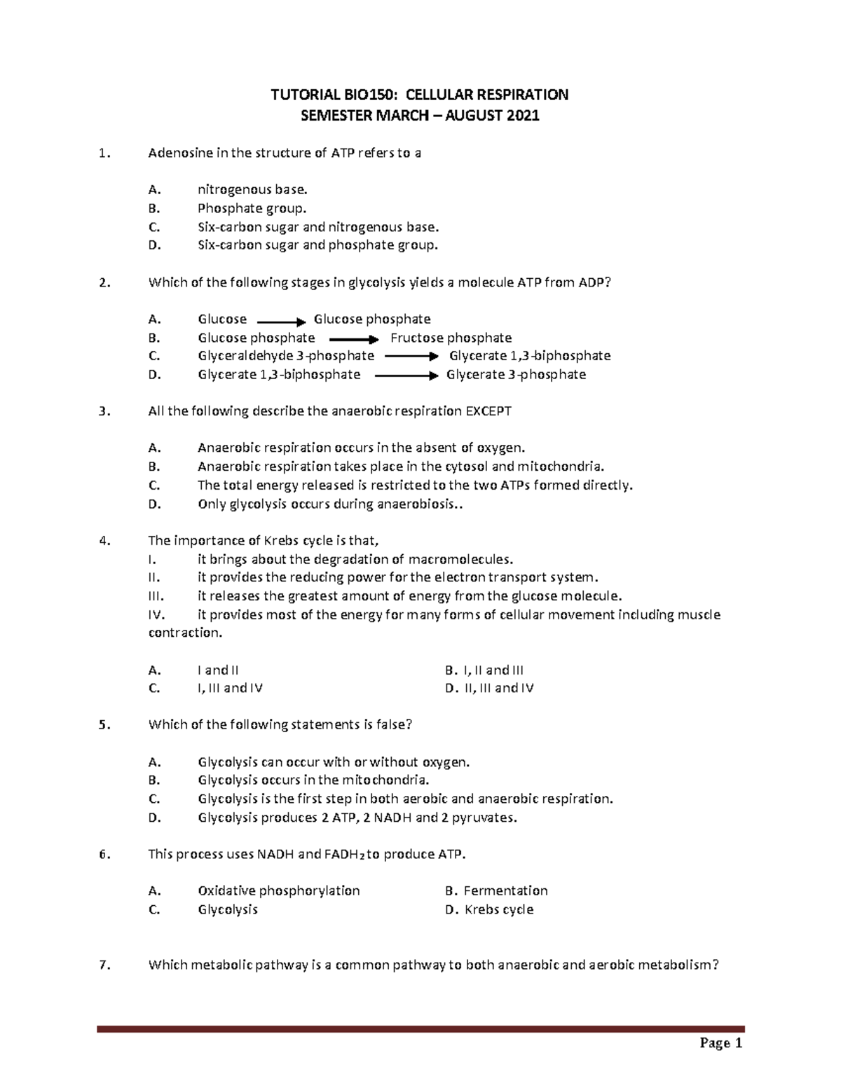 Tutorial BIO150: Cellular Respiration Study Notes and Key Questions ...