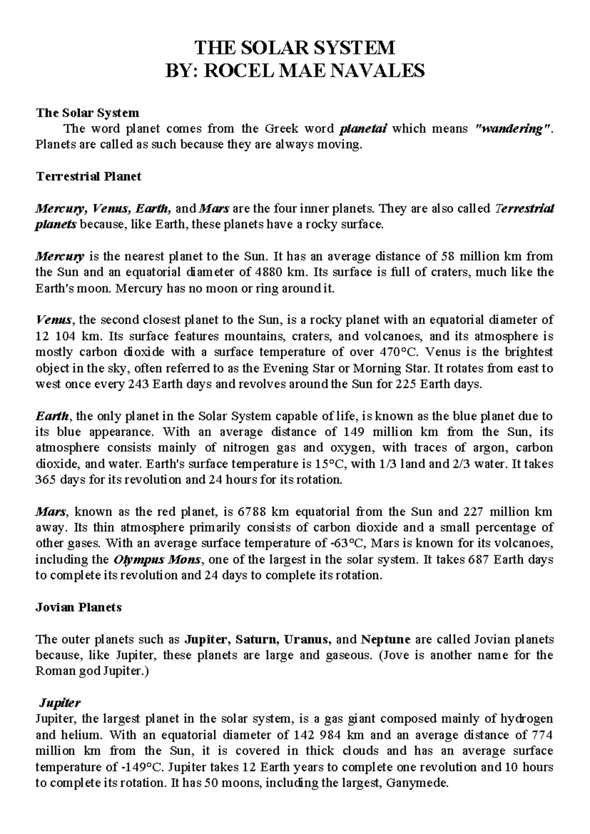 The Solar System Overview: Terrestrial & Jovian Planets Explained - Studocu