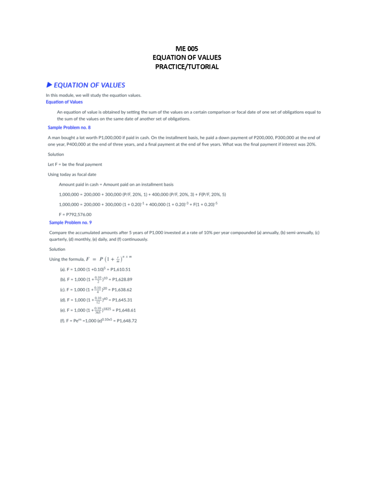 ME 005. Equation of Values Practice/Tutorial Notes - Studocu