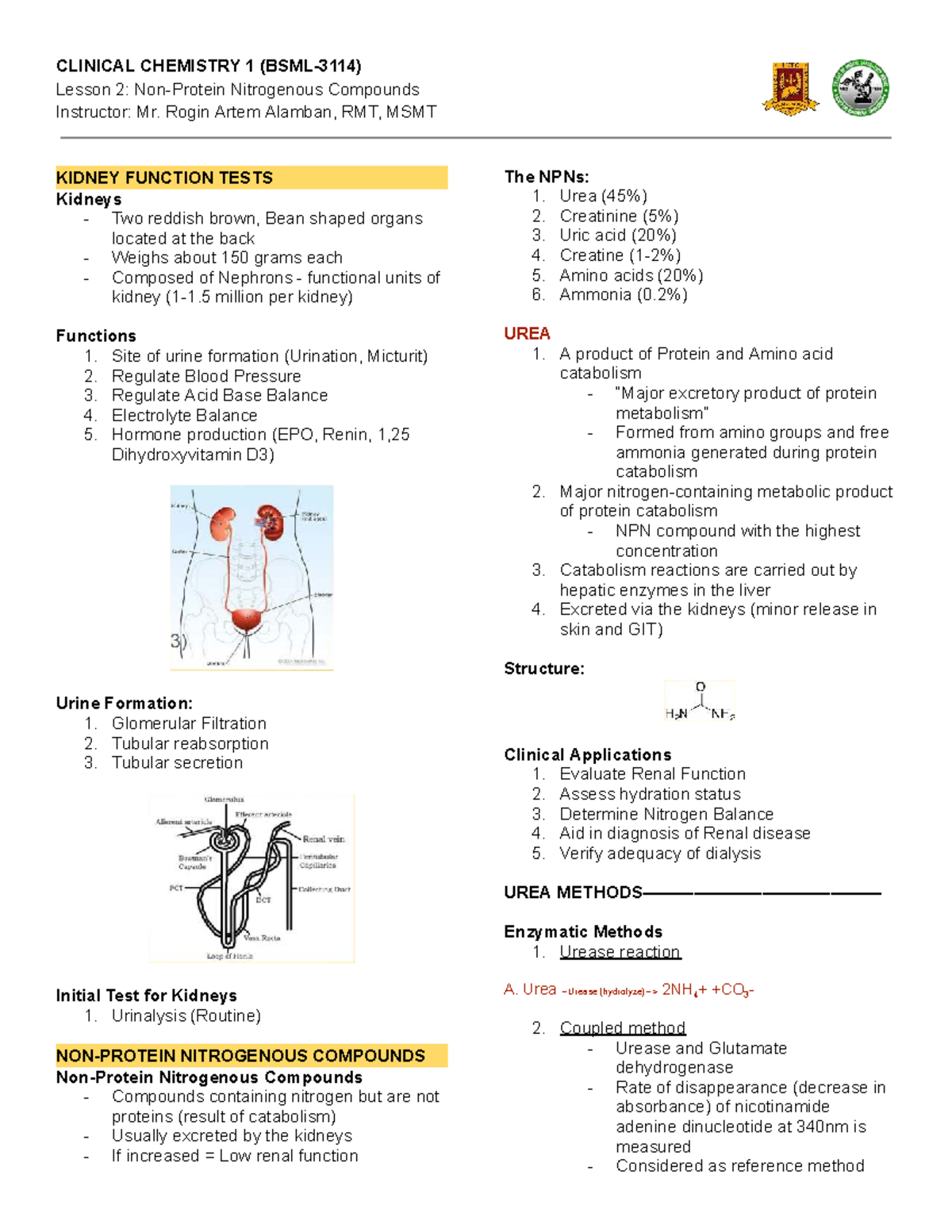CLINICAL CHEMISTRY 1 Lesson 2: Overview of Nitrogenous Compounds - Studocu