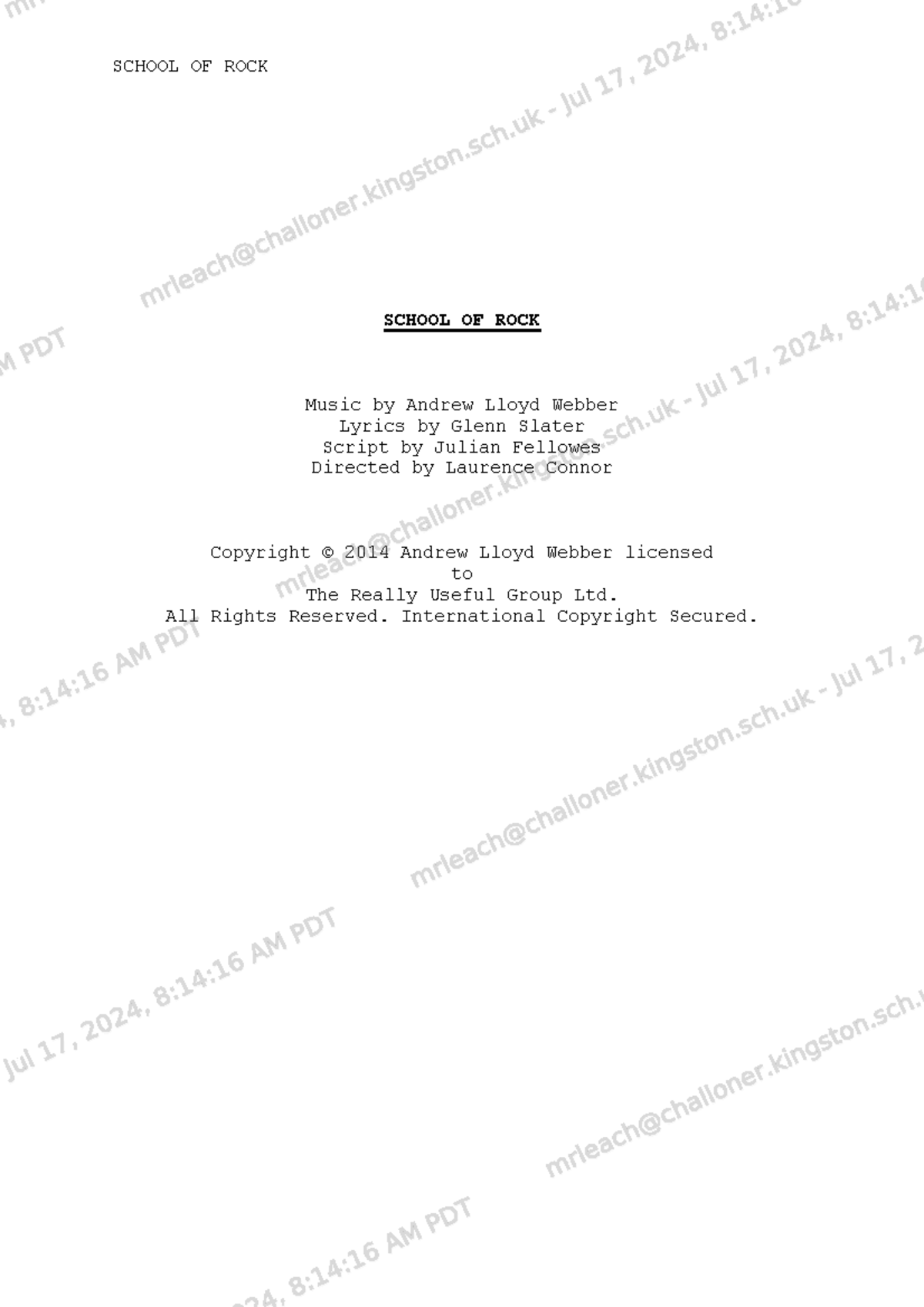 SCHOOL OF ROCK (7-Piece) Libretto Script Analysis - Studocu