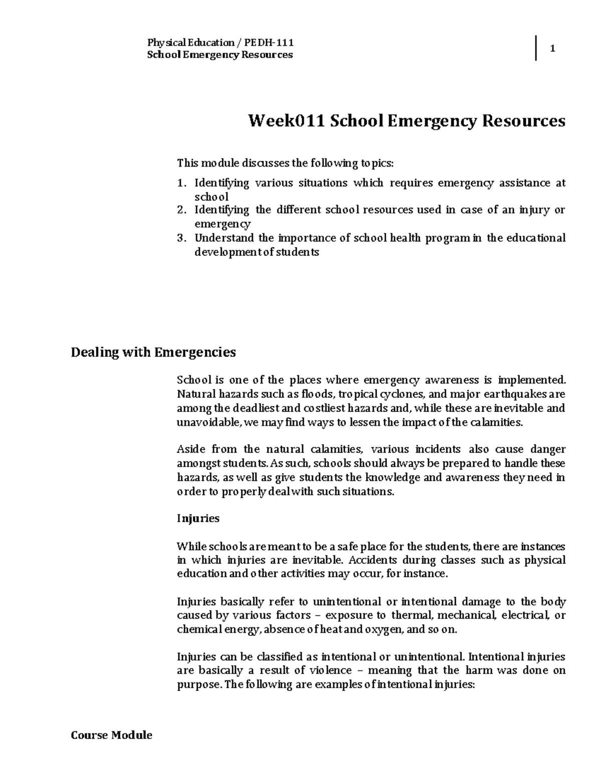 PEDH-111 Week 011: Understanding School Emergency Resources - Studocu