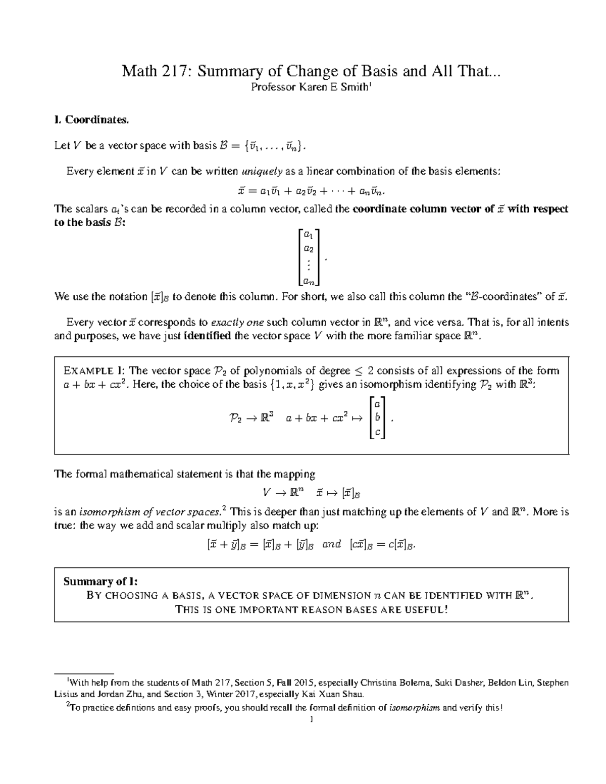 Math 217: Change of Basis and Linear Transformations Summary - Studocu