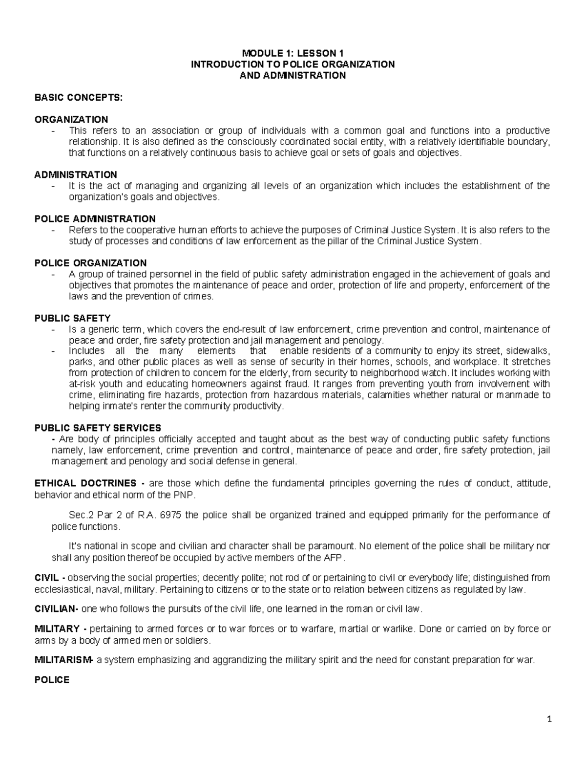 M1 Lesson 1: Fundamentals of Police Organization and Administration ...
