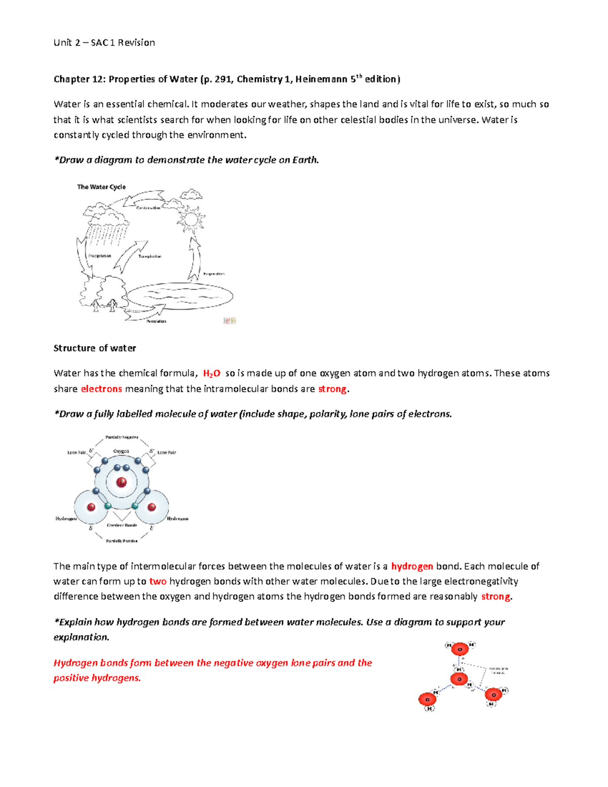 Unit 2 - SAC 1 Revision: Properties of Water & Related Concepts - Studocu