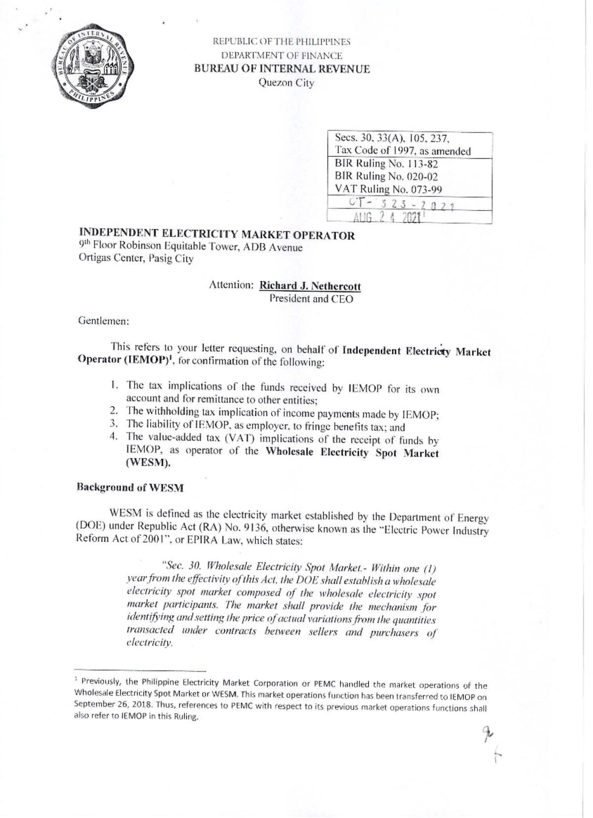 BIR Ruling OT-323-2021 ( Iemop) - BS accountancy - Studocu