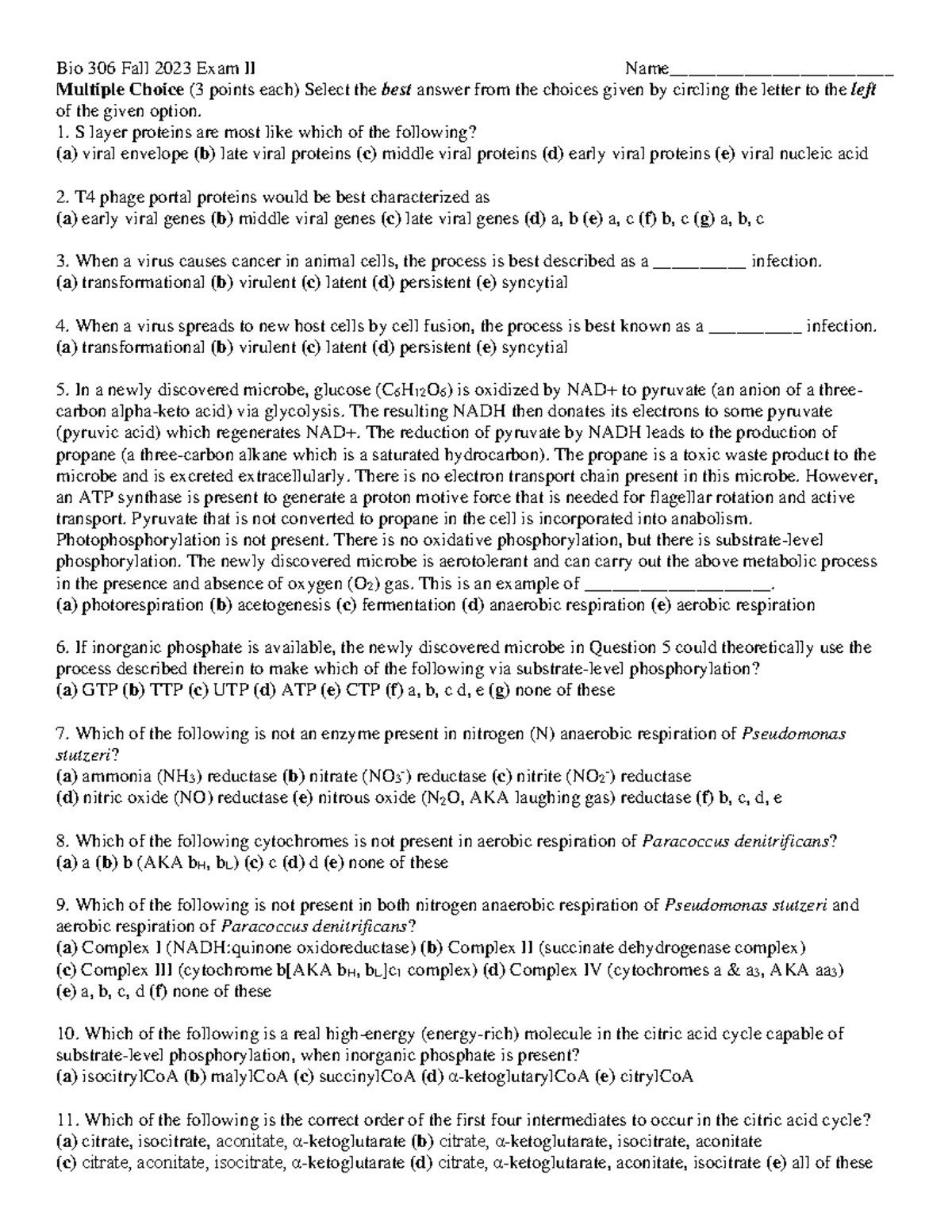 Bio 306 Fall 2023 Exam II Practice MCQs and Answers - Studocu