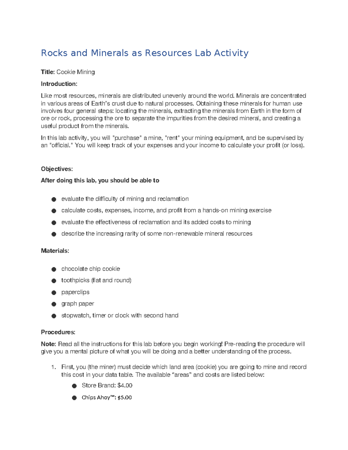 Rocks & Minerals Lab Activity 2: Cookie Mining Exploration - Studocu
