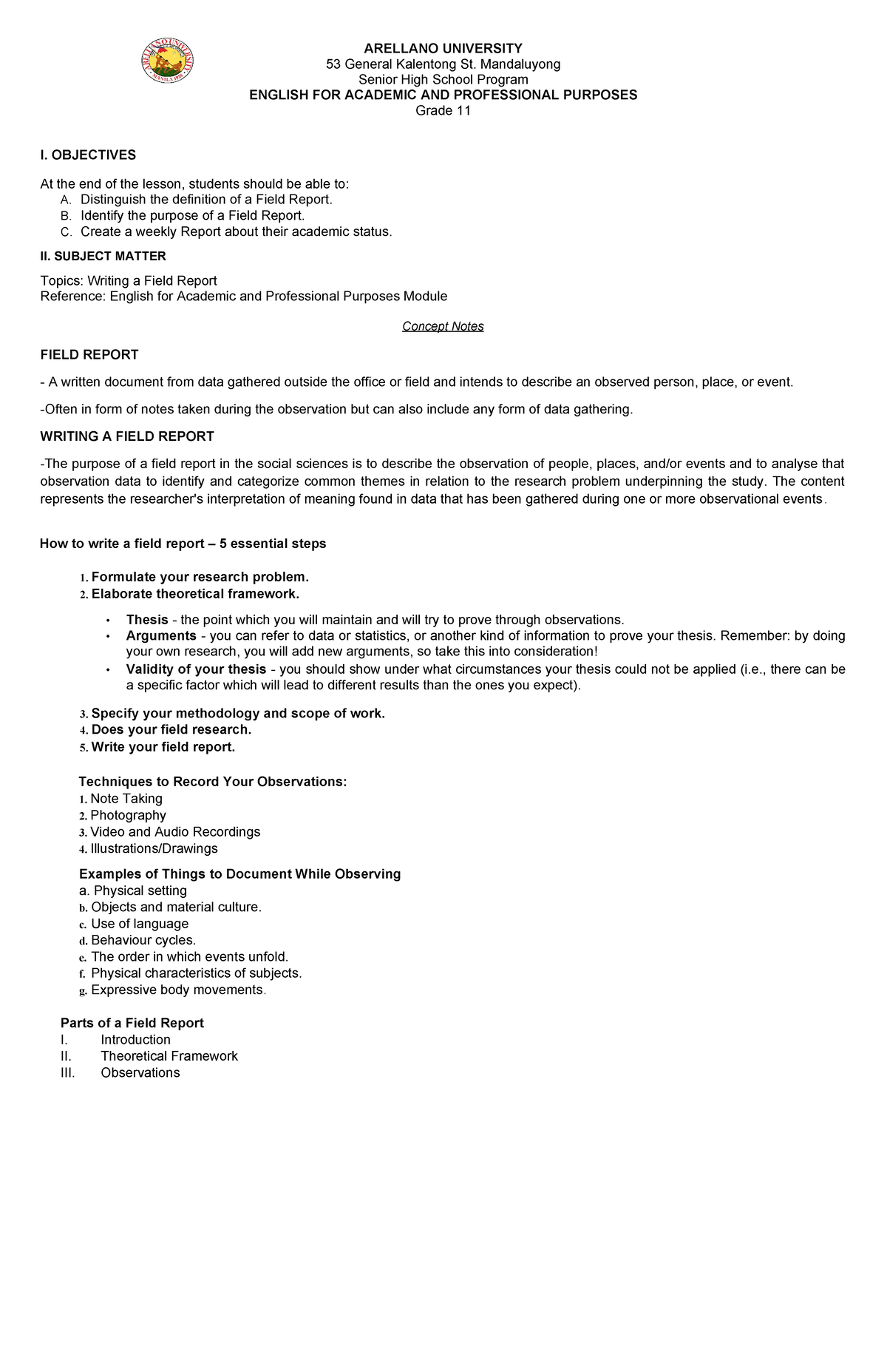 Field Report Writing Guide for ENGLISH FOR ACADEMIC AND PROFESSIONAL ...