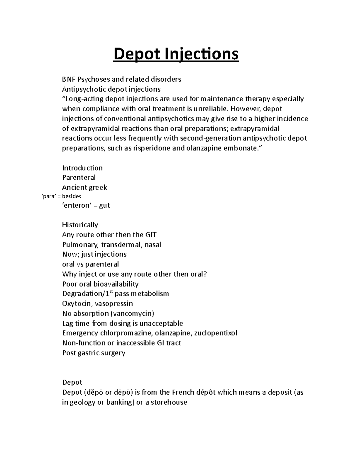 Depot Injections - PY5050 Lecture Notes on CNS, Mental Health, and Gut ...