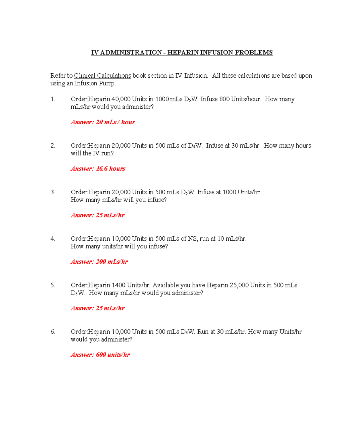 Heparin IV Infusion Calculations - Answer Sheet for Clinical Course ...
