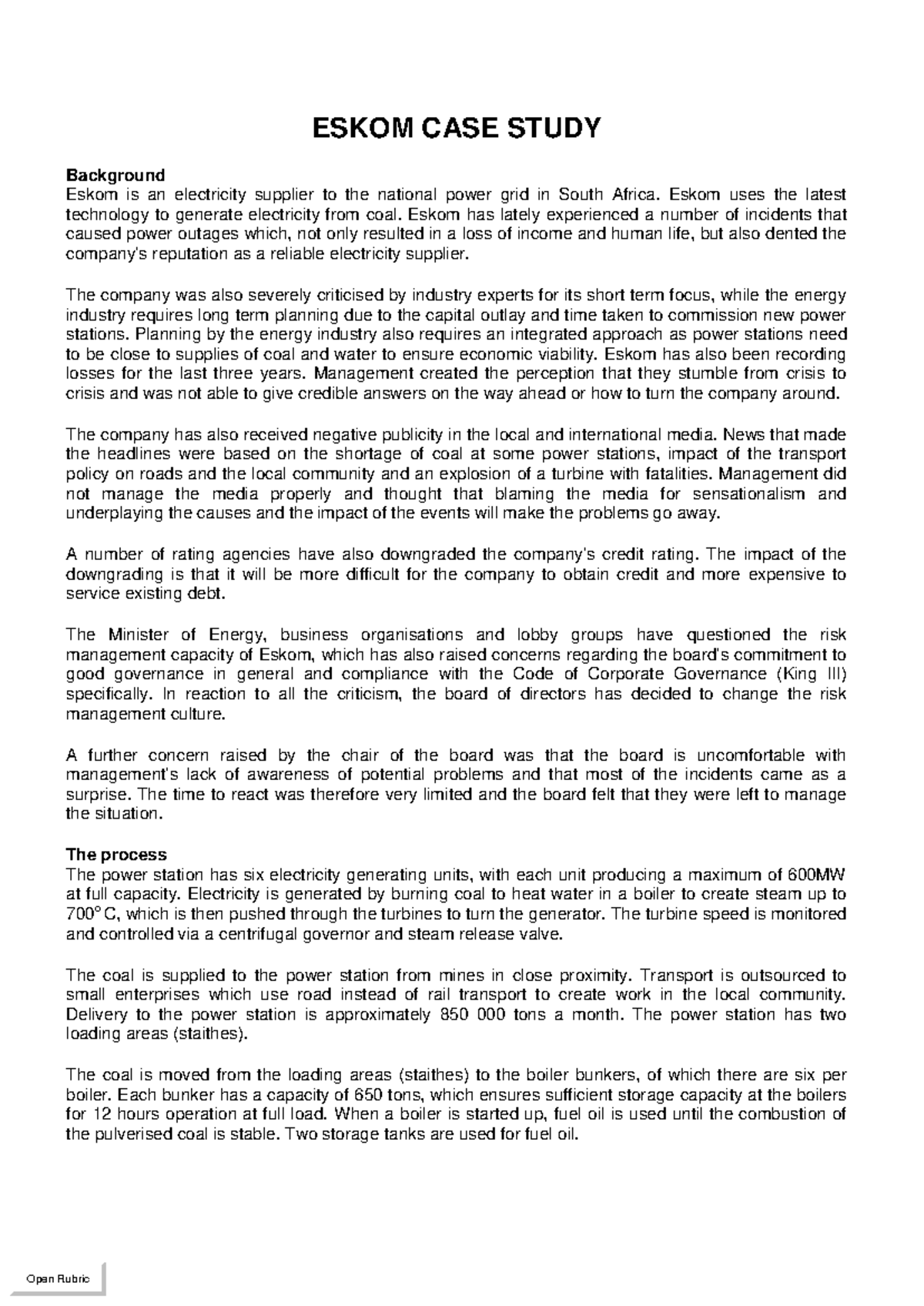 Eskom CASE Study 2 - Lecture notes 2 - ESKOM CASE STUDY Background ...
