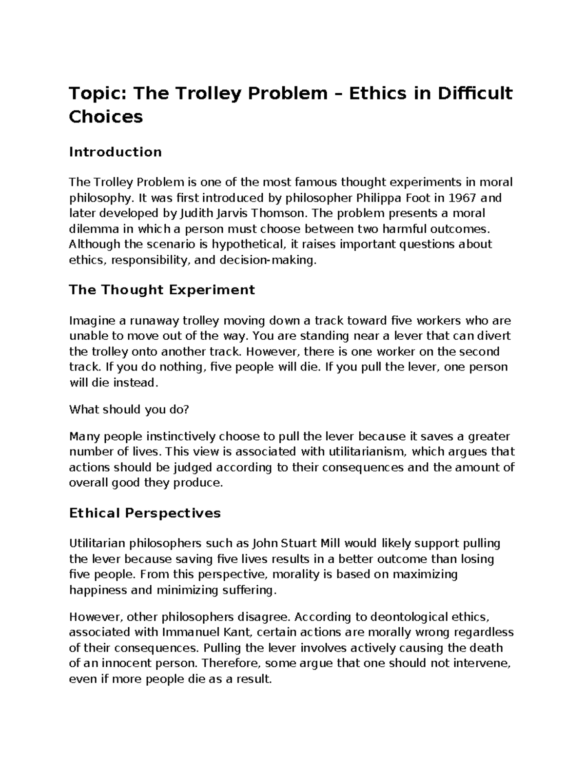 Ethics of the Trolley Problem: A Philosophical Analysis - Studocu