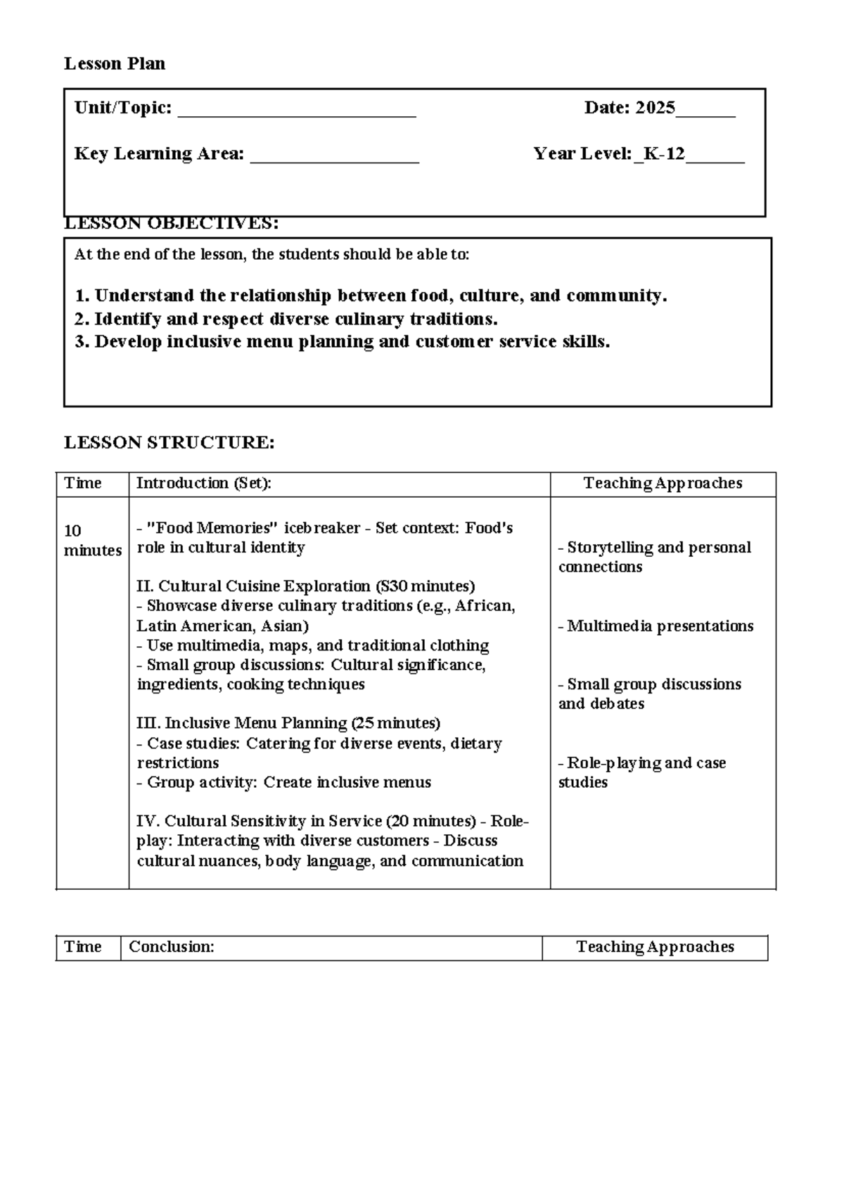 Lessonplan KO - Cultural Exploration and Inclusive Menu Planning - Studocu