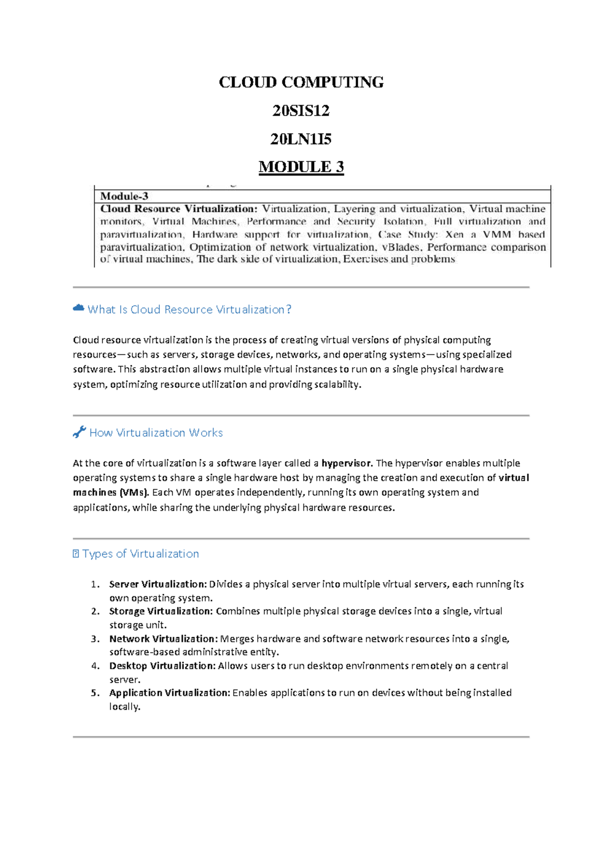 CLOUD COMPUTING 20SIS12 20LN1I5 MODULE 3: Understanding Cloud Resource - Studocu