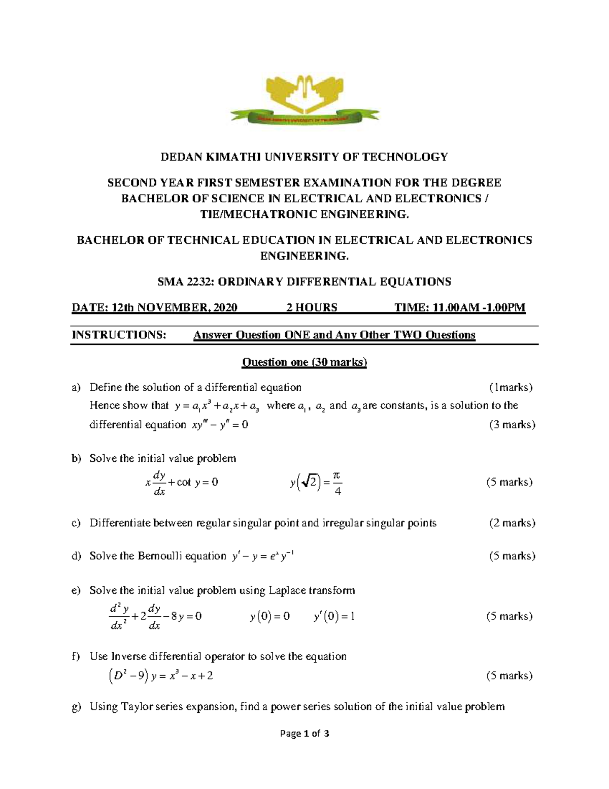 SMA 2232: Ordinary Differential Equations Final Exam 2020 Notes - Studocu