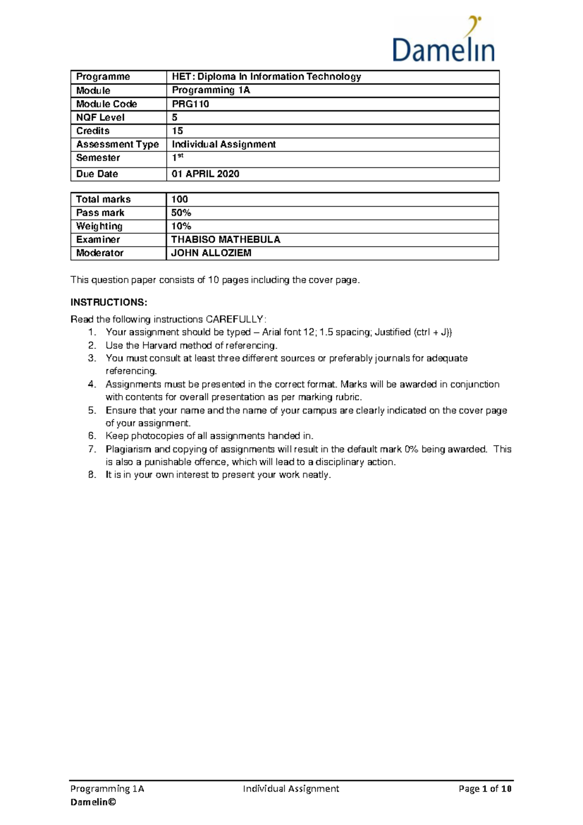 PRG110 - Programming 1A A - Programming 1A Individual Assignment Page 1 ...
