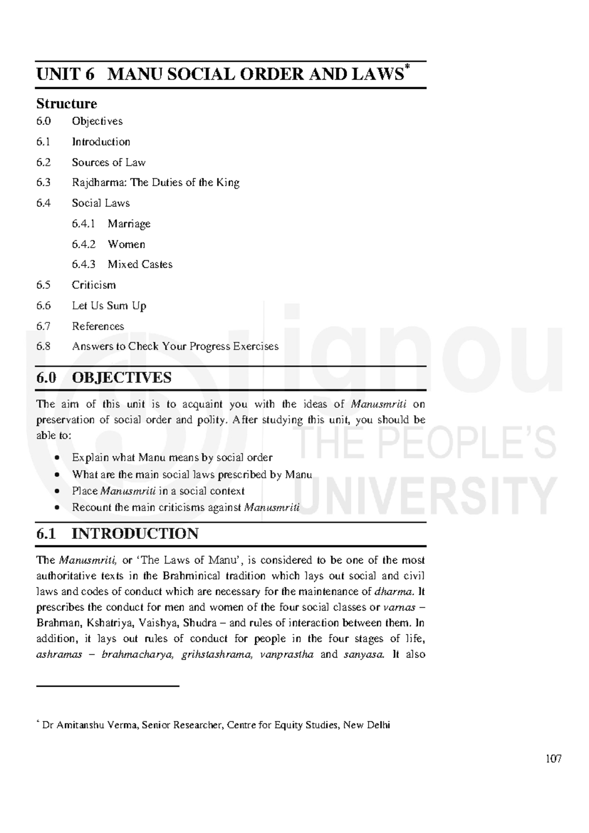 Manu - Lecture Notes on Social Order and Laws (Unit 6) - Studocu