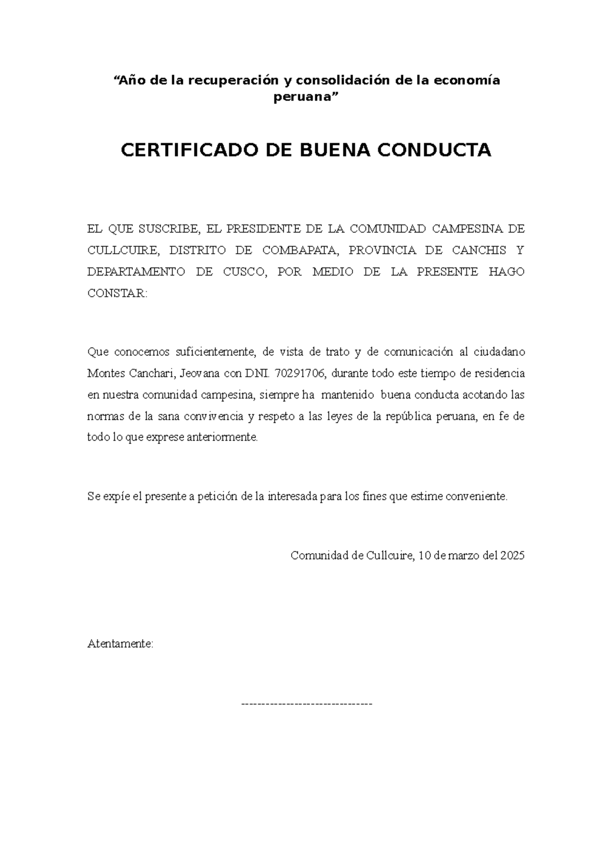 Certificado de Buena Conducta - Comunidad de Cullcuire, 2025 - Studocu