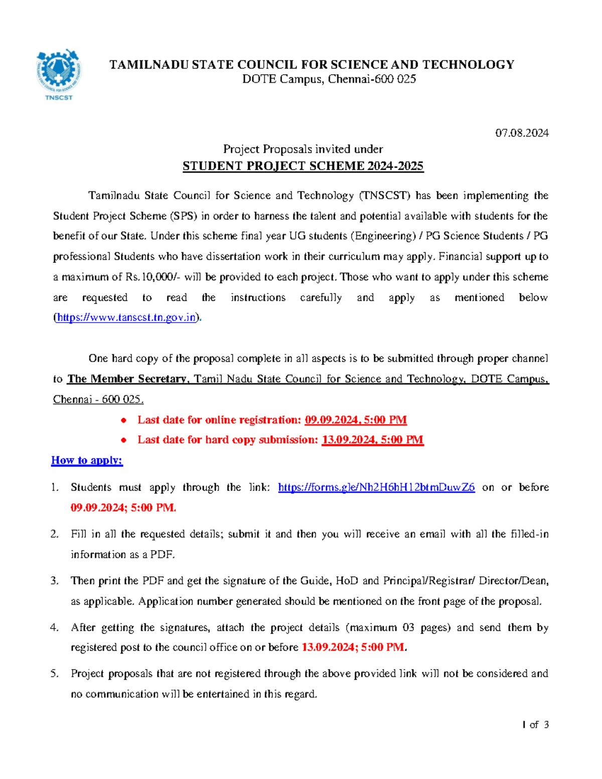SPS Notification for Student Project Scheme 2024-25: Final Details ...