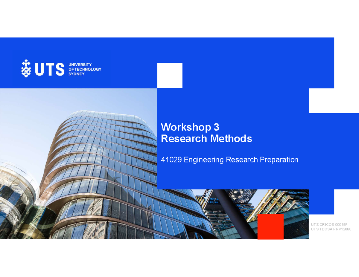 Workshop 3 Agenda: Research Methods in Engineering 41029 - Studocu