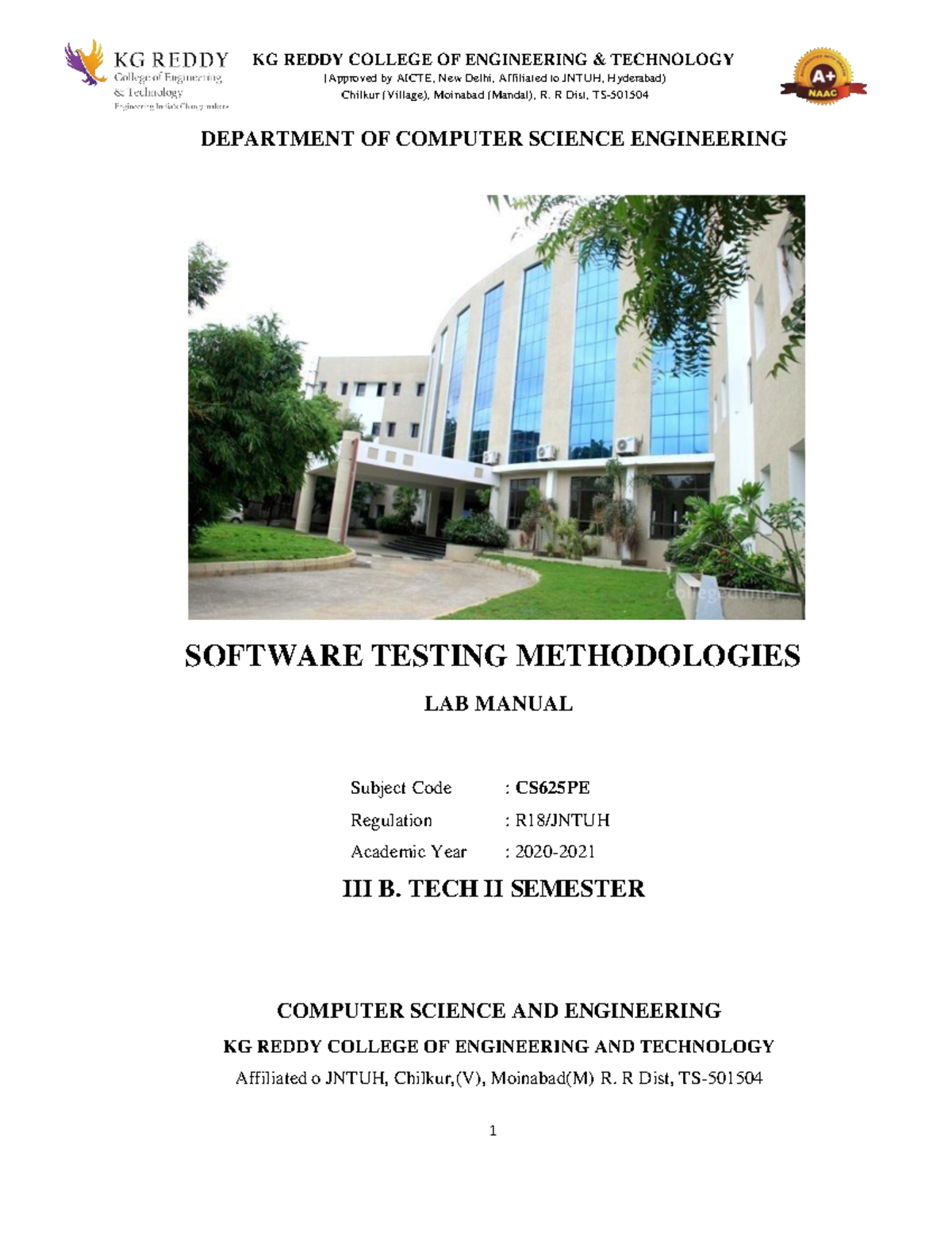 CS625PE - Software Testing Methodologies Lab Manual for III B.Tech II ...