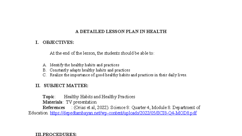 Health I Lesson Plan: Promoting Healthy Habits and Practices - Studocu