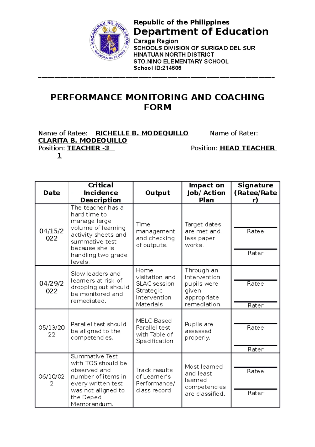 PMCF-Sample - PERFORMANCE MONITORING AND COACHING FORM - ISO Cert. No ...