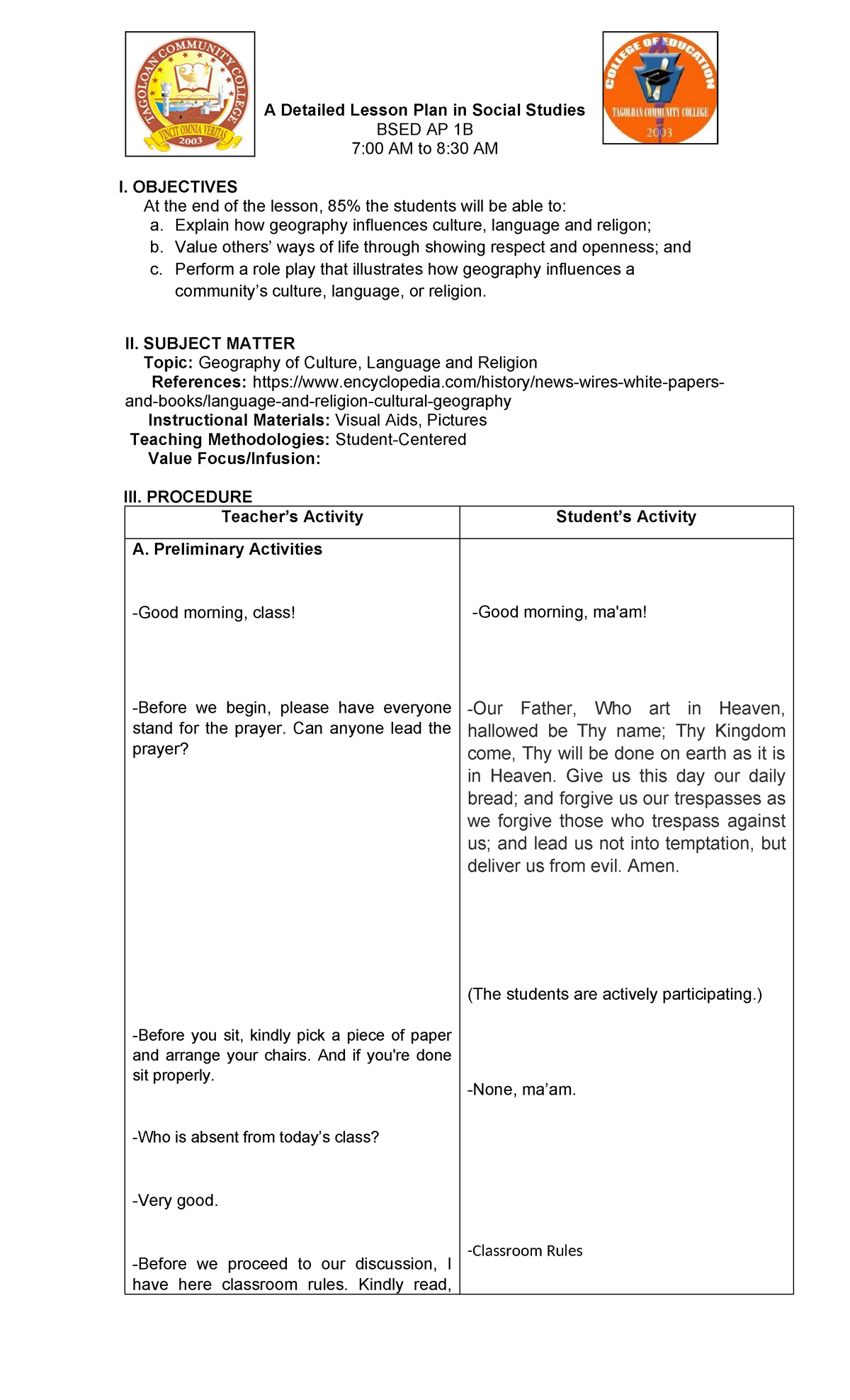 Detailed Lesson Plan in Social Studies BSED AP 1B (7:00 AM - 8:30 AM ...