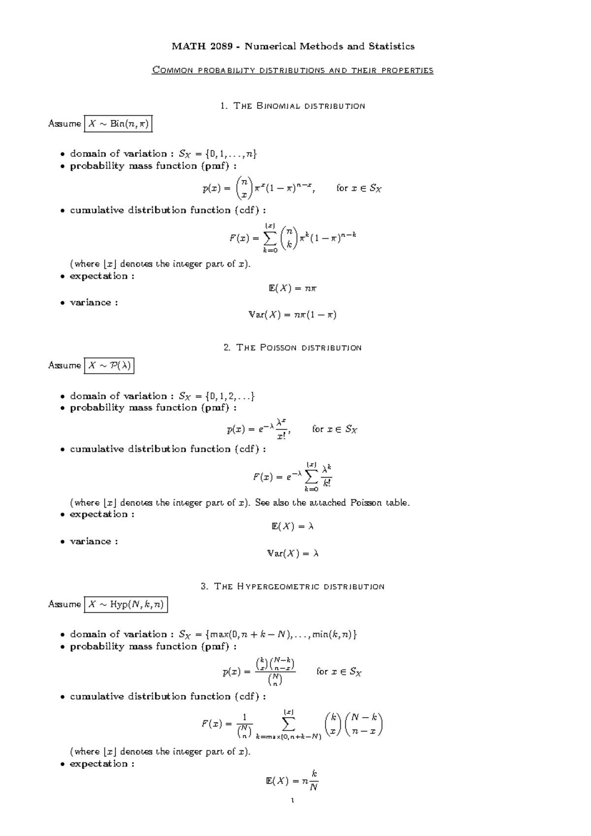 Mid Session Statistics Formula Sheet - MATH 2089 - Numerical Methods ...