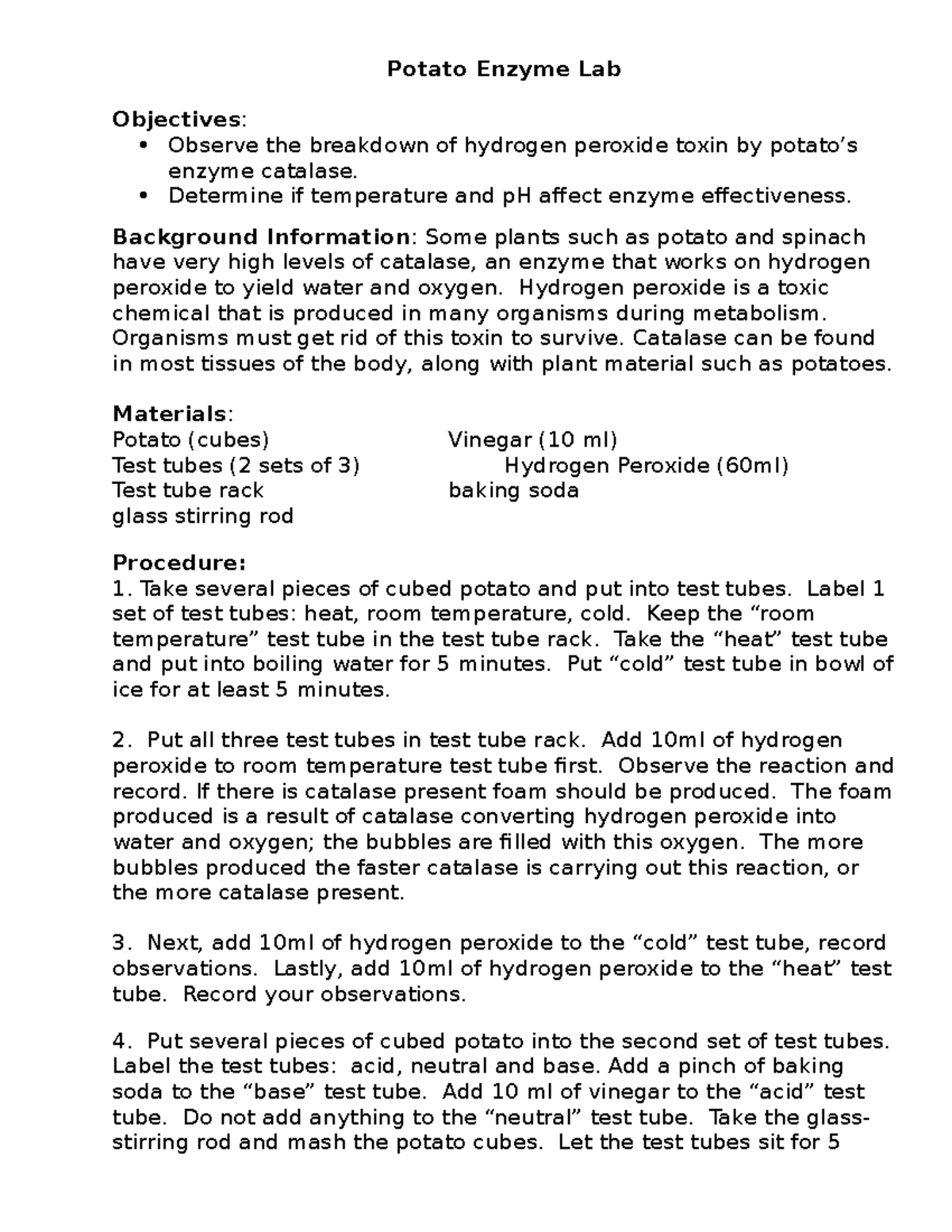 Potato Enzyme Lab honors - Potato Enzyme Lab Objectives: Observe the ...