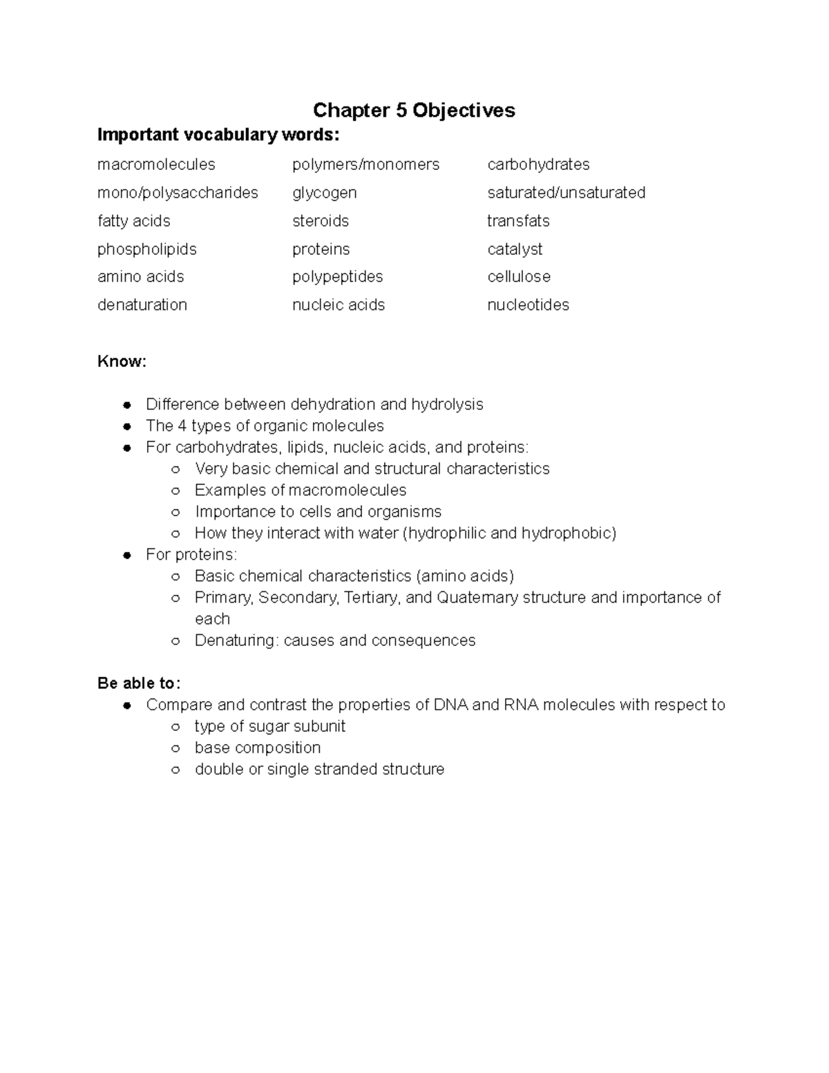 Macromolecules Study Guide for Biology 101 Final Exam - Chapter 5 ...